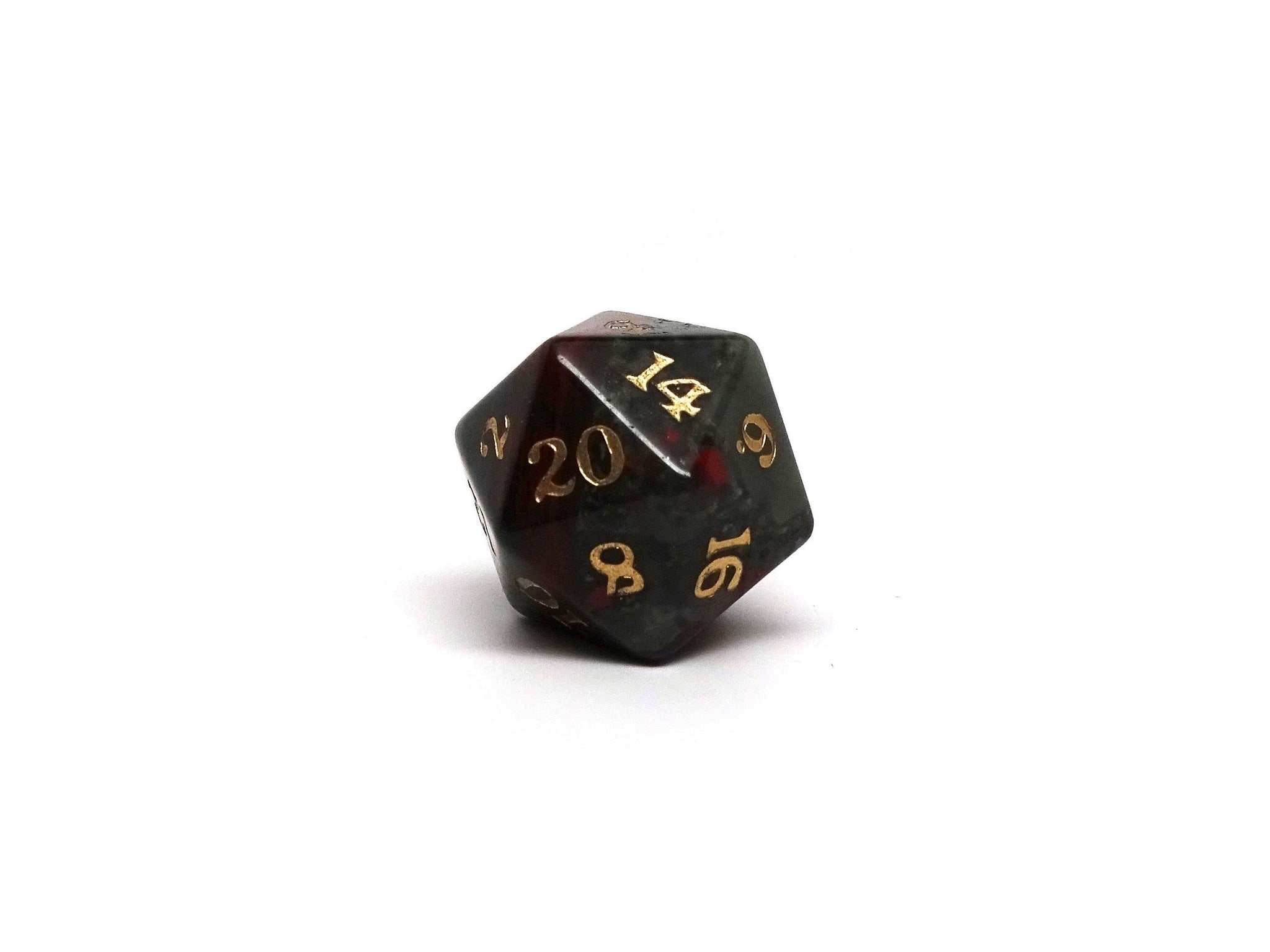 Stone D20 Dice - African Bloodstone - Signature Font – Open Gaming Store