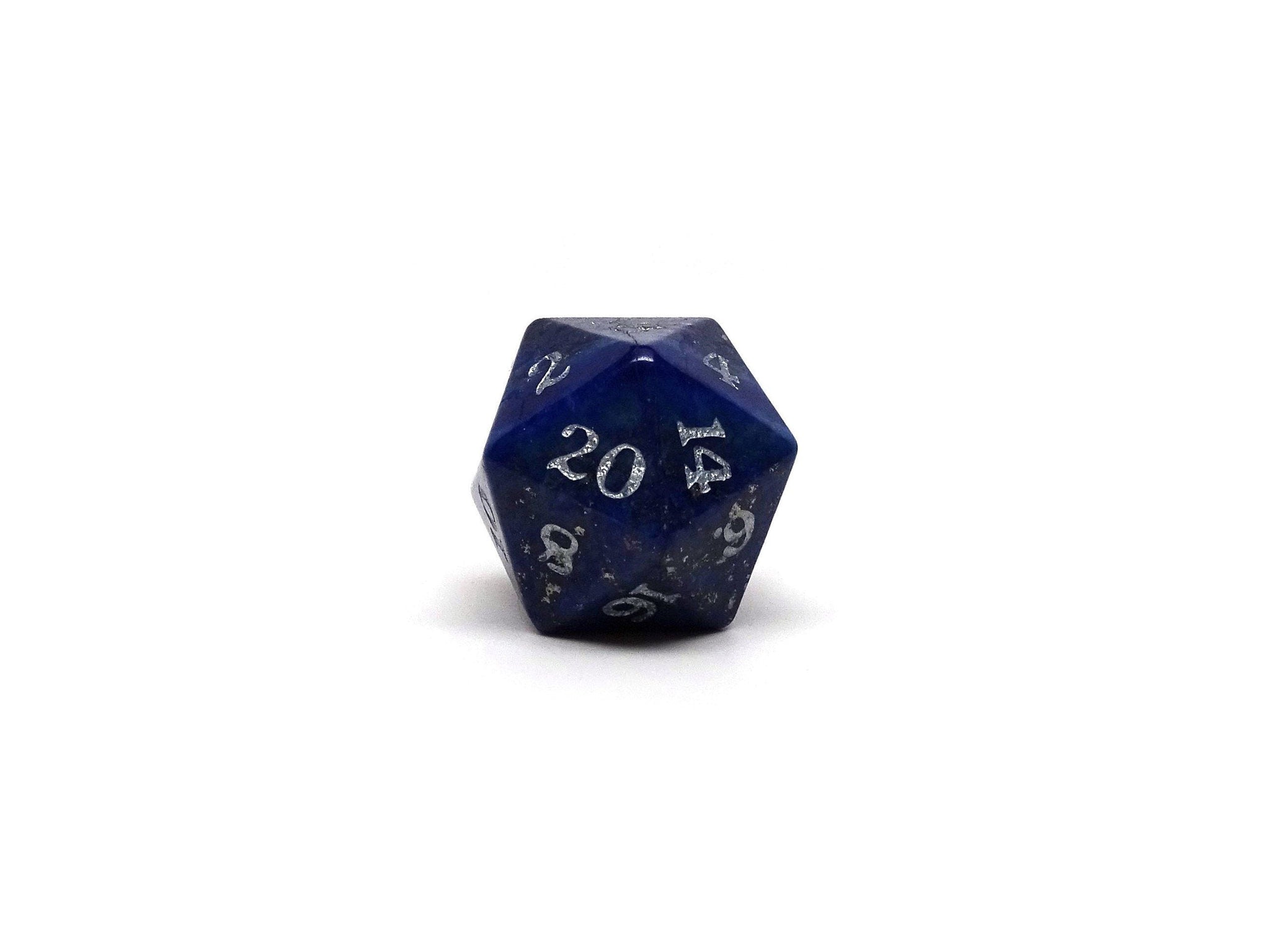 Stone D20 Dice - Lapis Lazuli - Silver Signature Font – Open Gaming Store